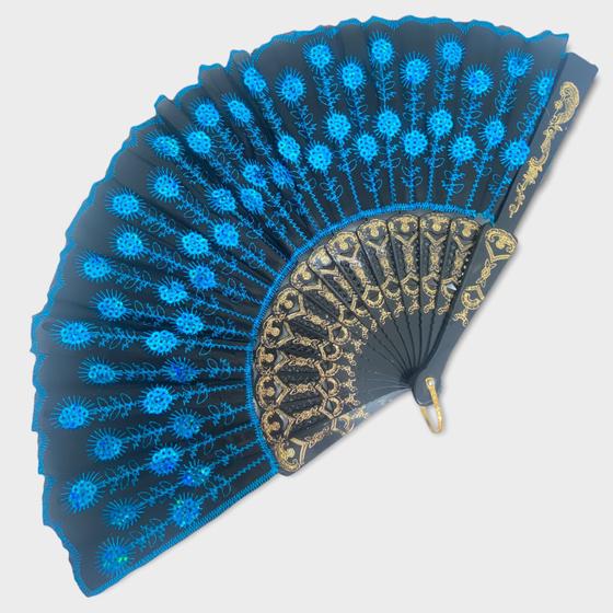 Leque Pomba Gira Cigana azul paetê luxo estampado com brilho - Lua ...