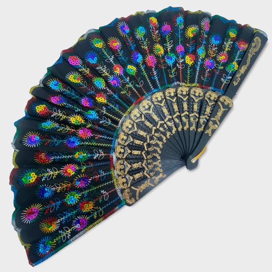 Leque Pomba Gira Cigana colorido paetê luxo estampado com brilho - Lua ...