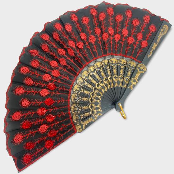 Leque Pomba Gira Cigana vermelho paetê luxo estampado com brilho - Lua ...