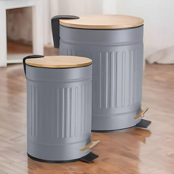 Lixeira Mek 12l Fluted Cinza-cozinha/Banheiro com pedal Em Metal E Bambu-Luxo - Lixeira e Cesto ...