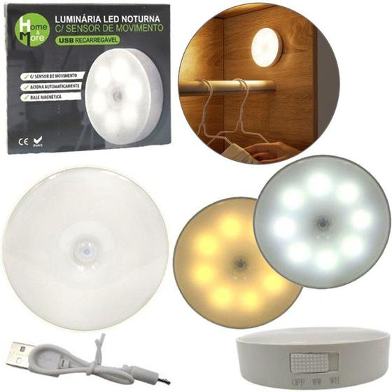 Luminaria redonda recarregavel / usb com sensor + ima autoadesivo 8 ...