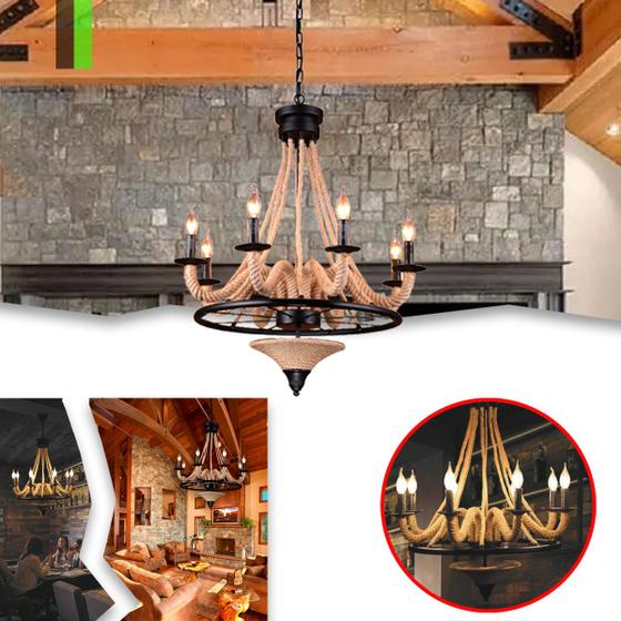 Lustre Candelabro Pendente Corda Design Rústico 8 Lâmpadas E14 Vela ...