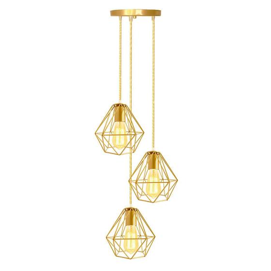 Lustre luminária pendente diamante retro triplo dourado - FABRILUZ ...