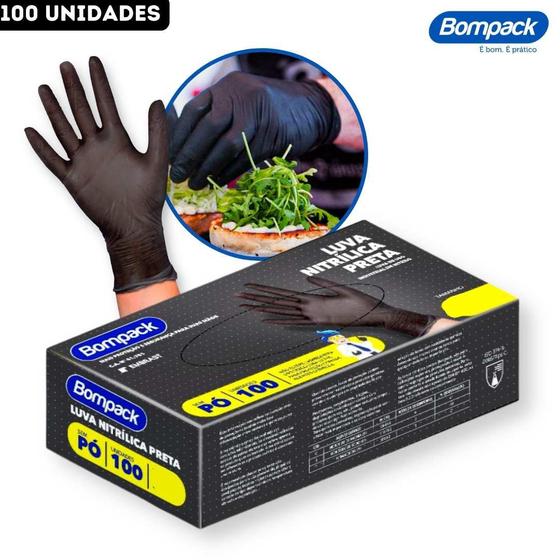 Luva Nitrílica Descartável Ambidestra Preta Sem Pó Barbearia Churrasco Tattoo Bompack - CX 100 ...
