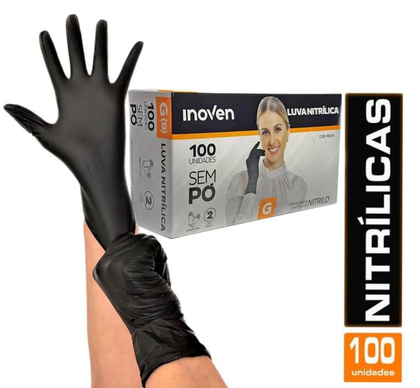 Luva Nitrílica Preta sem pó com 100und - Inoven - Tamanho: G - CA: 45. ...