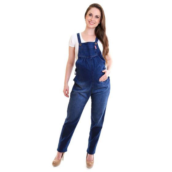 Macacão Jeans Longo Grávida E Maternidade Com Espaço Para Barriga Linda