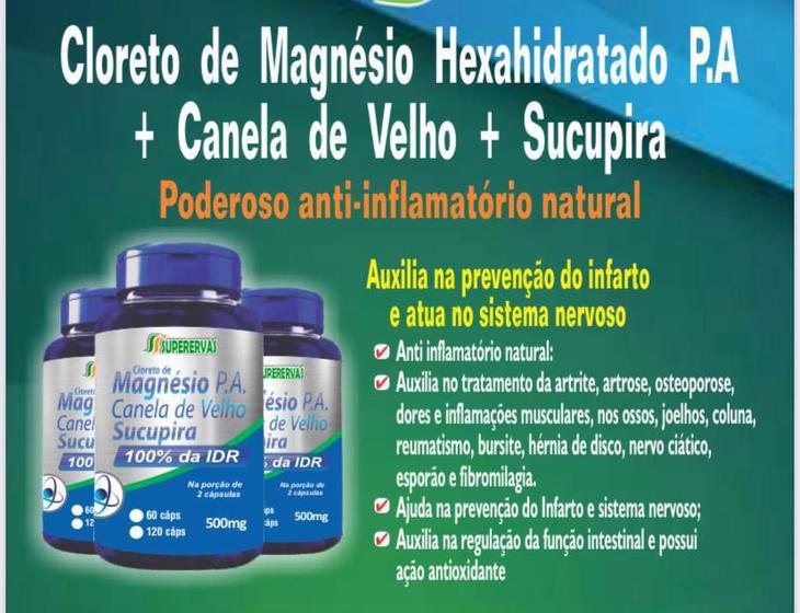 Magnesio P.A + Canela De Velho + Sucupira 100% 120 Cps 500Mg - Super Ervas - Cloreto de Magnésio ...