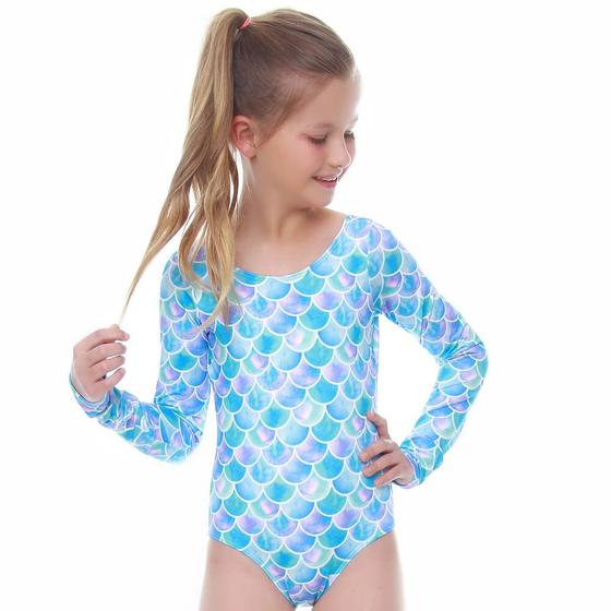 Maiô Infantil Manga Longa Sereia Azul UV50+ - Ceci Moda Praia - Maiô ...