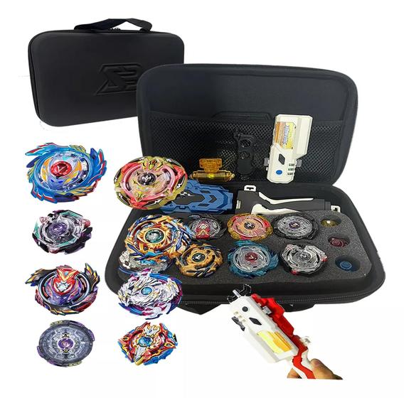 Maleta Beyblade Kit Com 8 Beyblade + Lançador Dupla Rotação - Pião de ...