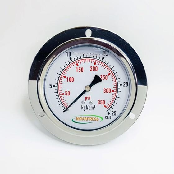 Manômetro horizontal-Total Inox Diam.100mm(4”) Escala 0-25 KGF/CM2 X 350 PSI- Com Glicerina e ...
