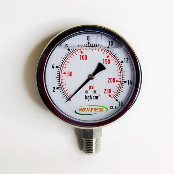 Manômetro vertical - Total Inox Diam.100mm (4”) Escala 0-16 KGF/CM2 X 230 PSI - Com Glicerina ...