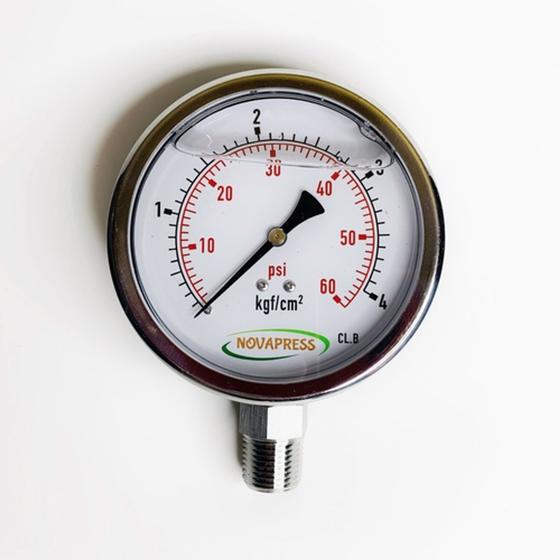 Manômetro vertical - Total Inox Diam.100mm (4”) Escala 0-4 KGF/CM2 X 60 PSI - Com Glicerina ...