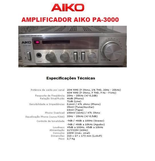 MANUAL, CATÁLOGO: AMPLIFICADOR AIKO PA-3000 NOVO OKm P/ COLECIONADORES PRONTA ENTREGA. - MS ...