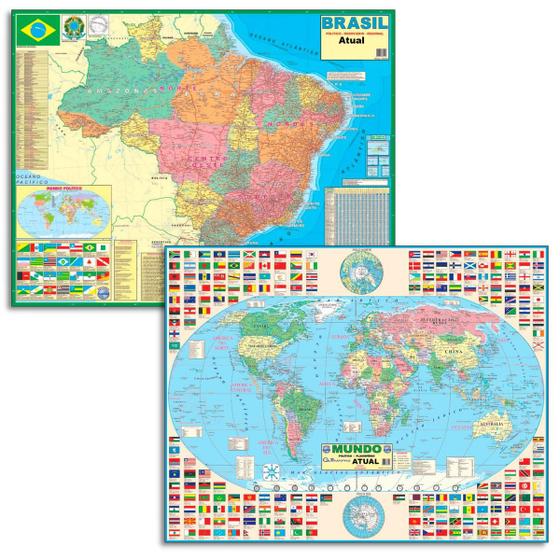 Mapa Do Brasil Mundi Politico Planisfério Escolar Poster Geográfico ...