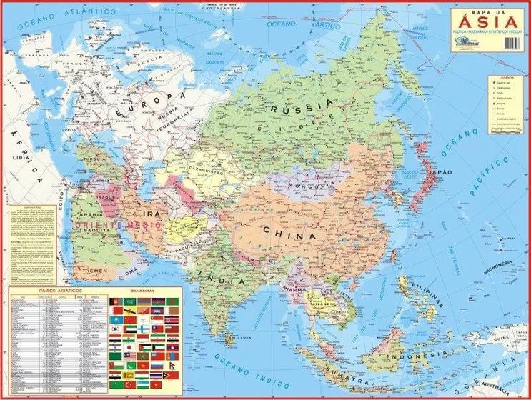 Mapa Geo Político Gigante Do Continente Asiático Ásia - 120 x 90 cm ...