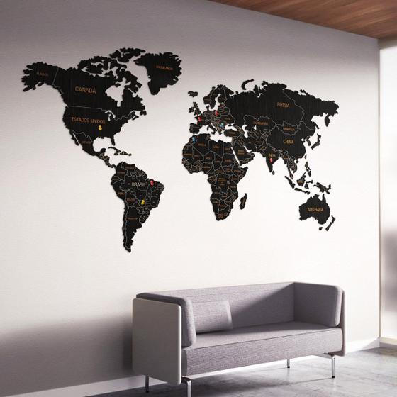 Mapa-múndi de madeira MDF - Mapa de viagens - Padrão Preto escovado ...