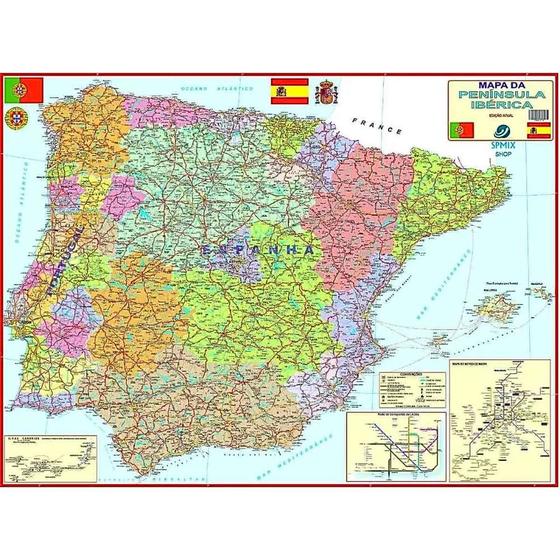 Mapa Portugal Espanha Peninsula Iberica 120cm X 90cm - Bandeira ...