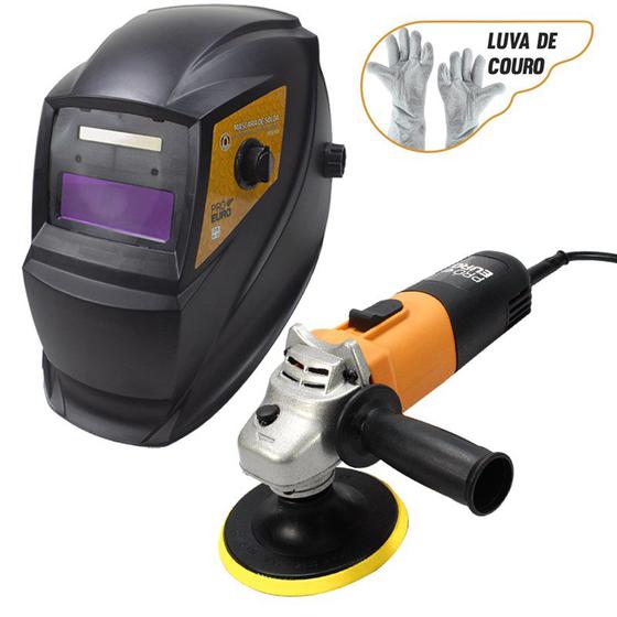 Máscara de solda automática pró euro+esmerilhadeira 220v + luva de ...