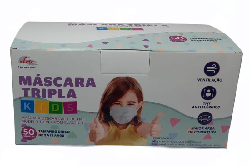 Máscara Descartável Infantil Elástico Clip Nasal C/50 Azul - Luvix ...