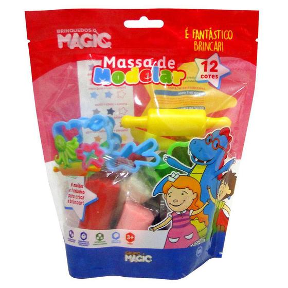 Massinha de modelar com 12 cores + 6 moldes e rolo de massa 300g ...