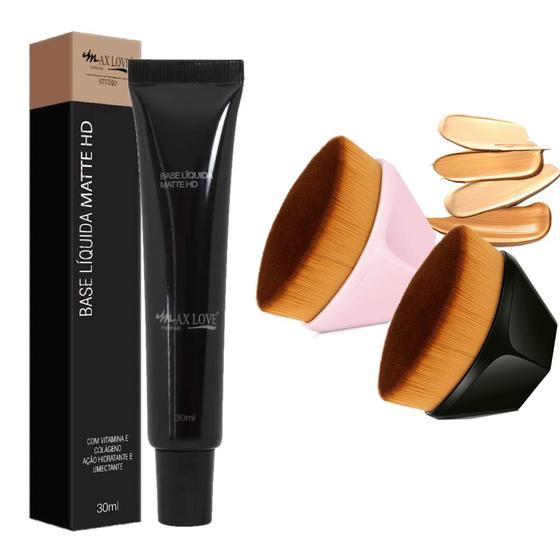 Max Love - Base Liquida Matte Facial Alta cobertura + Pincel Hexagonal ...