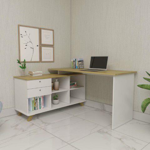 Mesa Angular para Escritório Gold Artany Branco/Olmo - Mesas para Escritório - Magazine Luiza