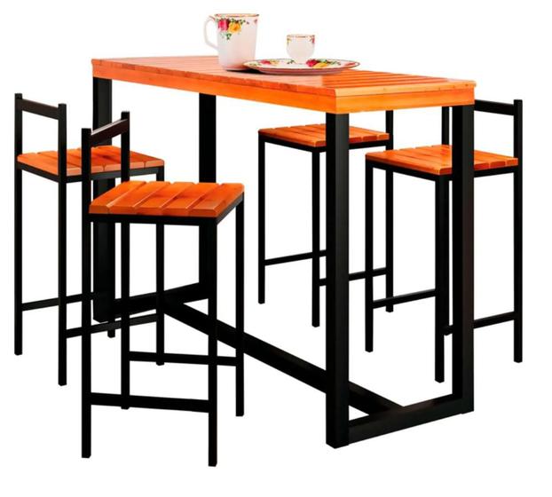 Mesa Balcão com 4 Cadeiras Alta Mônaco Madeira Maciça Eucalipto Gil ...