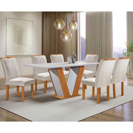 Mesa de Jantar 6 Cadeiras Tampo de Vidro Cinamomo/Off White - Cel moveis - Conjunto Sala de ...