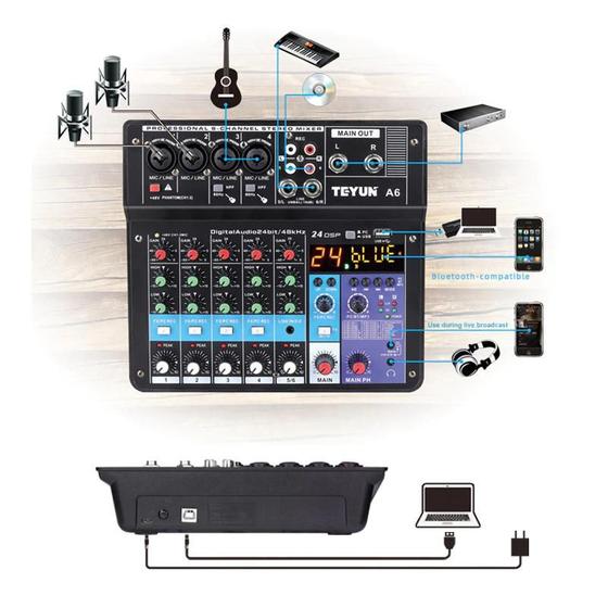 Mesa De Som Mixer 6 Canais Usb Smart Profissional A6 Conjunto Interface ...