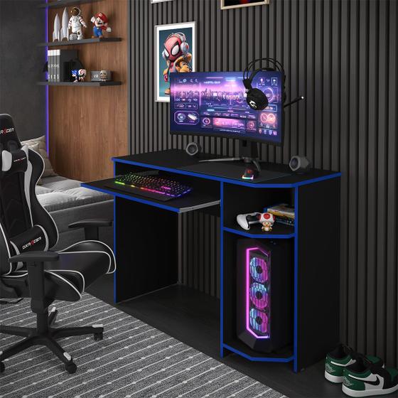 Mesa Gamer computador 1 prateleira Para PC Gamer - Preto Azul - Barboza ...