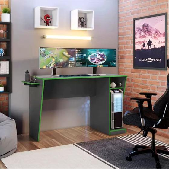 Mesa Gamer Cyber Candian com Suporte Porta-Copos Grafite com Verde JCM ...