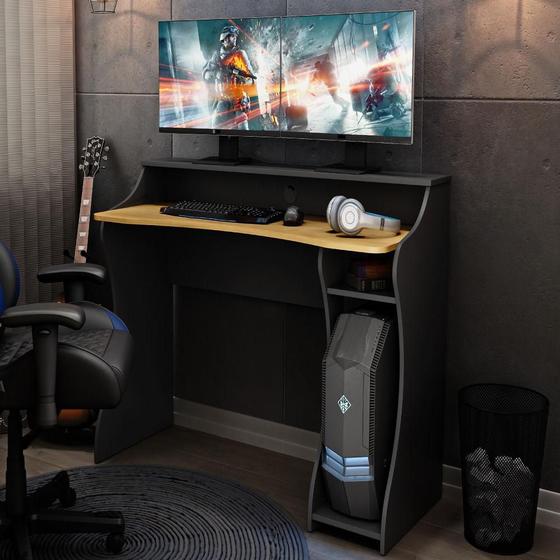 Mesa Gamer em Madeira Maciça - Carvalho/Preto - Finestra - Mesa Gamer ...