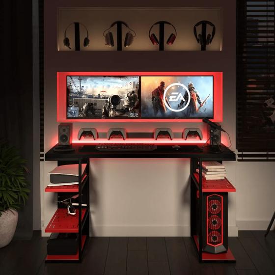 Mesa Gamer Metal e Madeira com Prateleiras Vermelha e Preta - E-LED ...