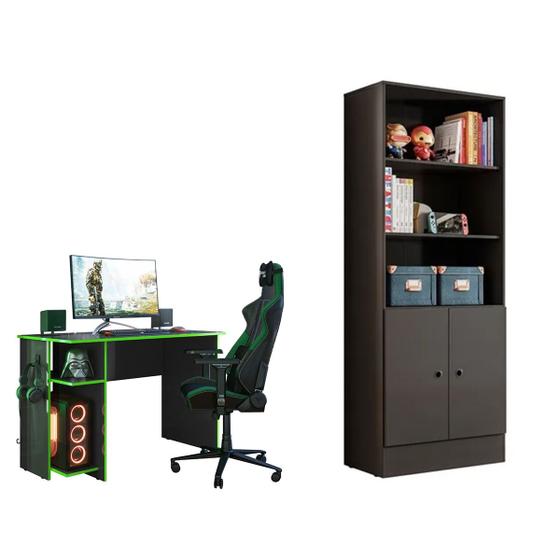 Mesa Gamer para Escritório Pto/Verde + Armário Organizador com 2 Portas ...