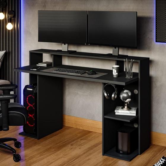 Mesa Gamer Para PC Gaia Permobili 3 Prateleiras Preto Chumbo - Mesa ...