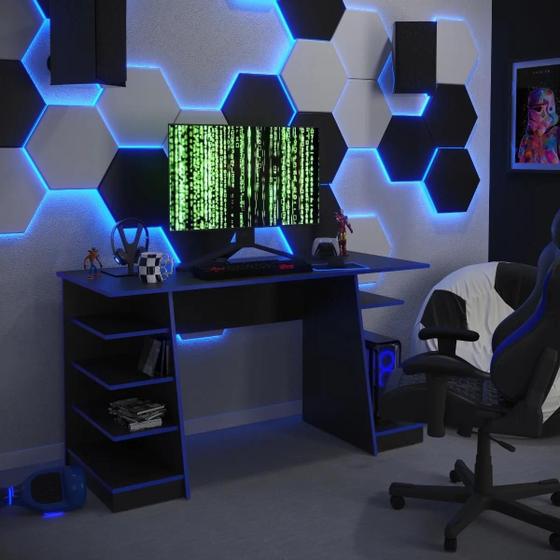 Mesa gamer para pc star preto/azul humagui - Village Móveis - Mesa de ...