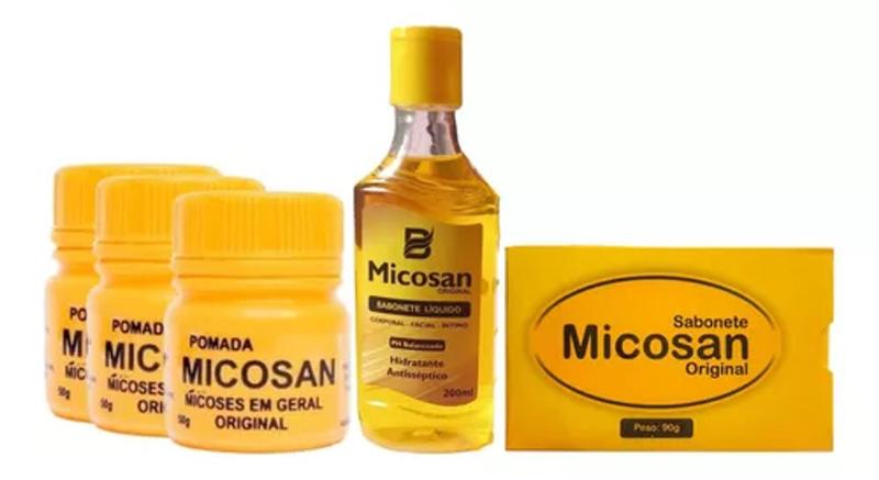 Micosan kit 3 Pomada 50g + 1 Sabonete Líquido + 1 Sabonete Barra 90g ...