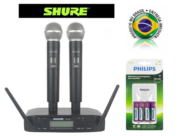 Microfone Sem Fio Duplo Profissional Modelo SHURE Glxd4 com carregador e pilhas recarregáveis ...