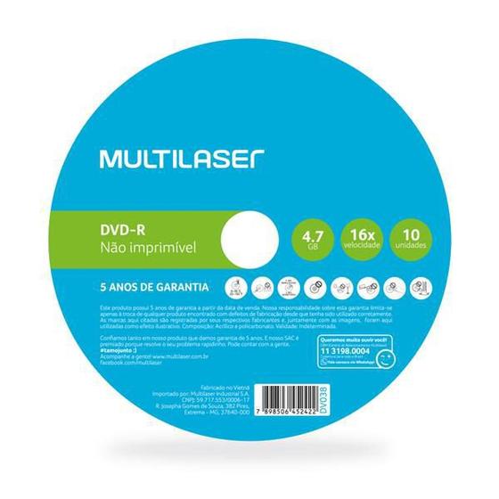 Mídia Multilaser DVD-R Velocidade 16x - 10 Unidades Shrink - DVD Virgem - Magazine Luiza