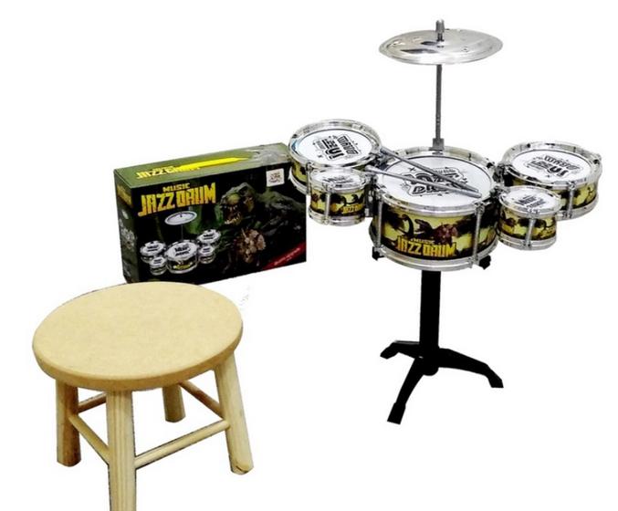 Mini bateria infantil Jazz Drum com duas baquetas tambores e banquinho ...