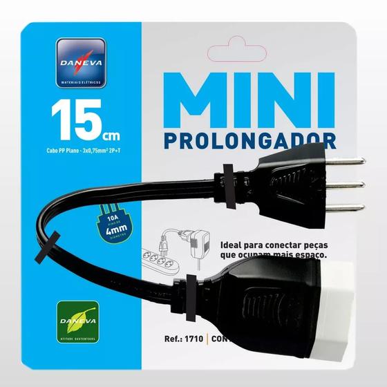 Mini Cordão Prolongador 15cm (MACHO/FÊMEA) 2P+T 10A/250V~ Cabo PP Plano cor Preto 1710 Daneva ...