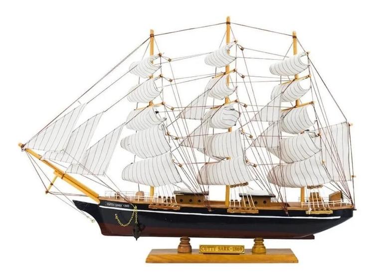 Miniatura Barco Navio Veleiro Madeira Casco Azul Base Marrom Cutty Sark ...