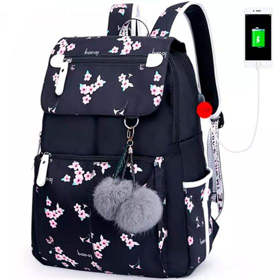 Mochila Feminina Escolar Notebook Cabo USB Bapal Flores Preta - Bolsas ...