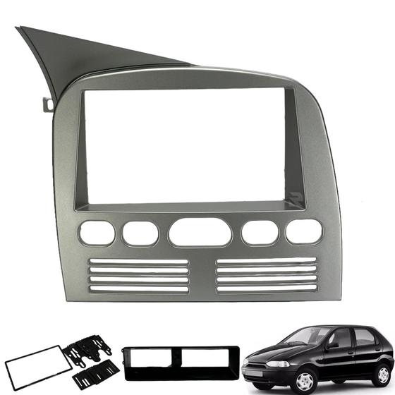 Moldura Painel DVD 2 Din MP5 Central Multimidia Fiat Palio Siena Strada G1 1996 a 2002 Prata ...
