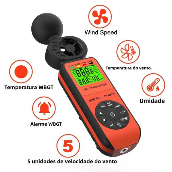 Monitor De Estresse Térmico BT-881W 3-em-1 Termômetro Globo De Bulbo Molhado Anemômetro WBGT ...