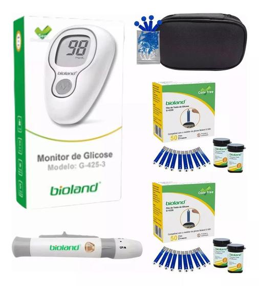 Monitor Glicose Completo com 125 Tiras 25 Lancetas e Lancetador Bioland ...