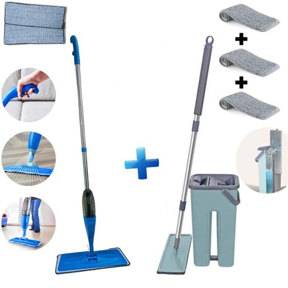 Mop Flat Duplo Balde + Mop Spray Reservatório c/ Escovinha Kit Multiuso ...