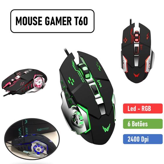Mouse com Leds RGB Para Jogos Gamer T60 com 6 botões Usb com Fio - Ice ...
