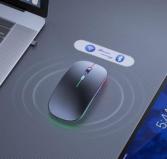 Mouse Sem Fio Recarregável Wireless Bluetooth Led Rgb 2.4ghz 1600 DPI 10 metros Computador ...