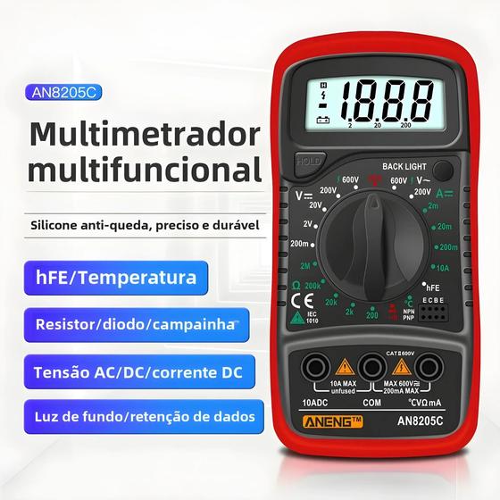 Multímetro Digital Portátil ANENG AN8205C AC DC Volt Ohm Tester Com ...